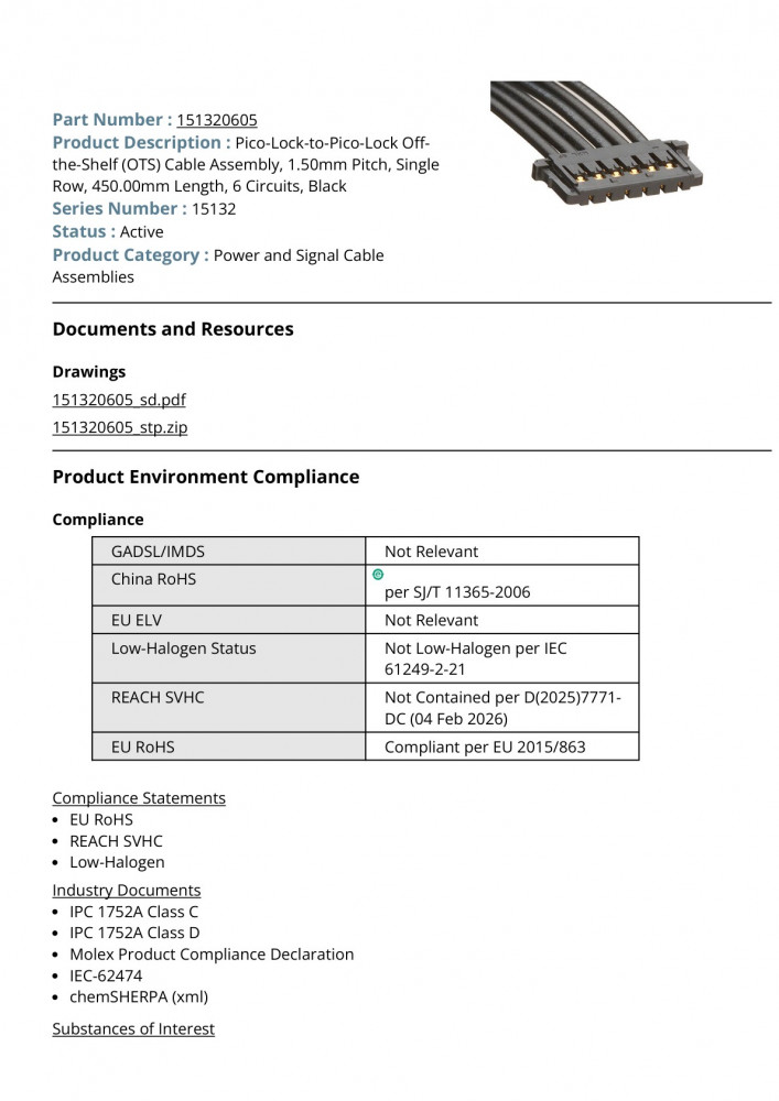 MOLEX 151320605 technical document, page 1