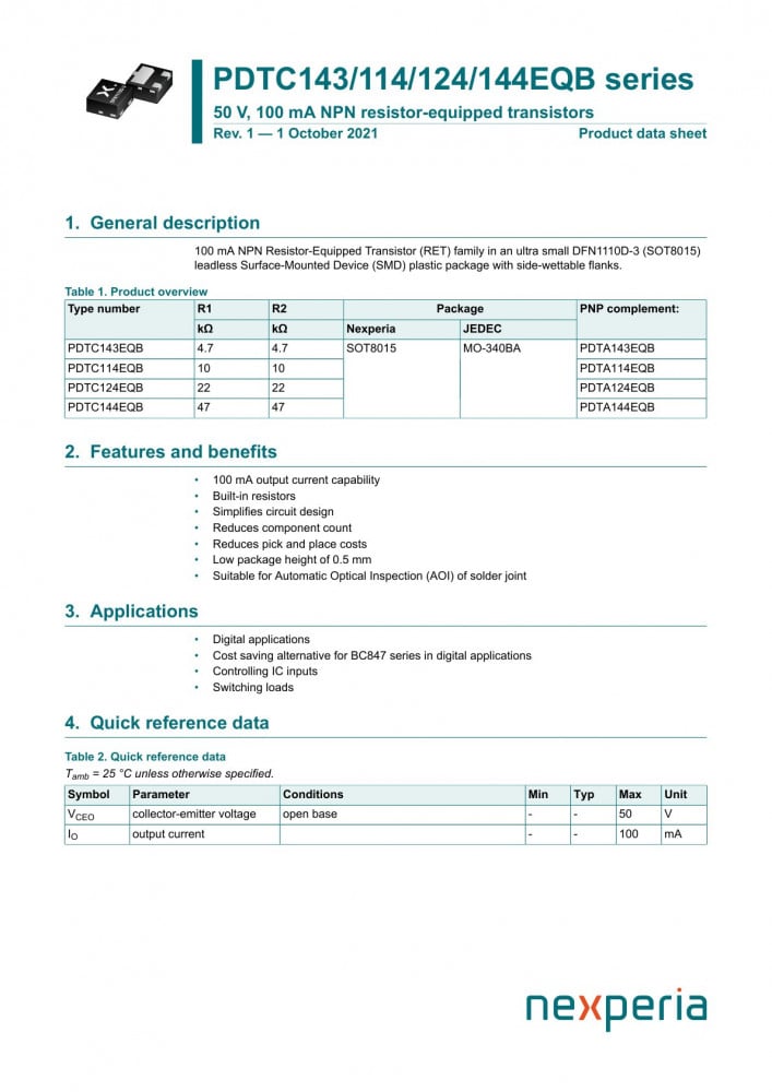 PDTC144EQBZ datasheet page 1