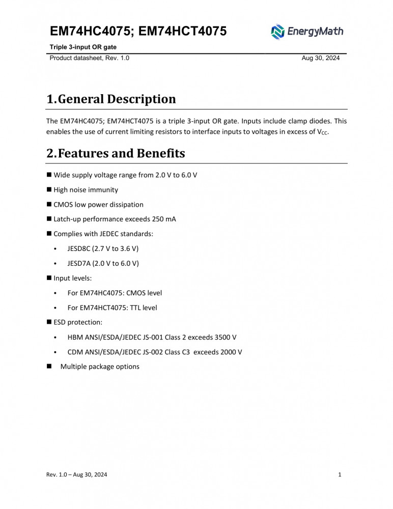 EM74HC4075D datasheet page 1