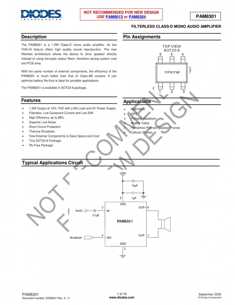 PAM8301AAF datasheet page 1