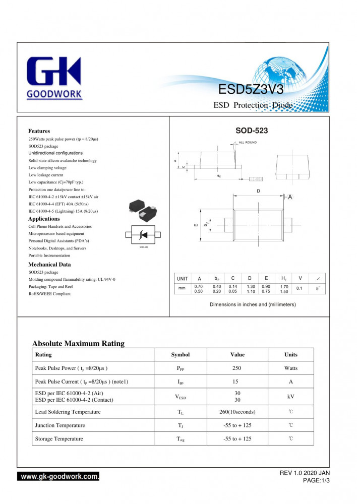 ESD5Z3V3 technical document page 1