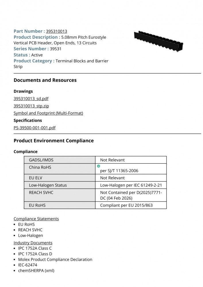 MOLEX 395310013 technical document page 1