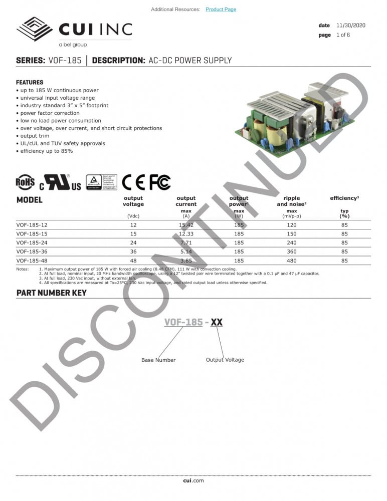 VOF-185 series datasheet page 1