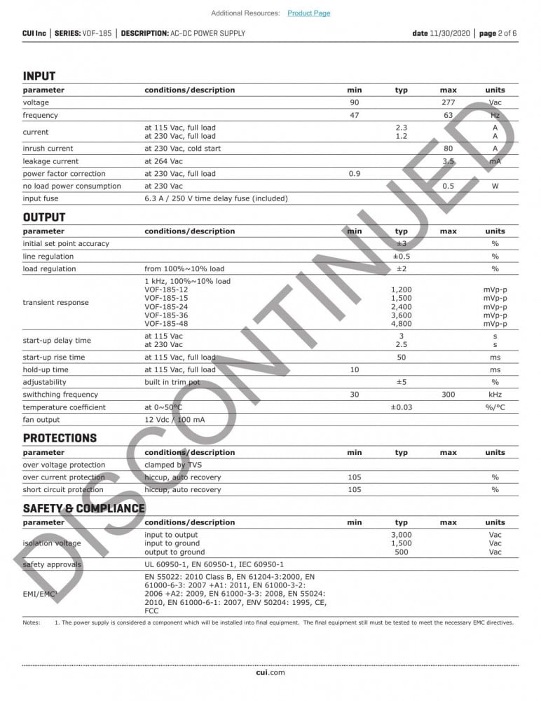 VOF-185 series datasheet page 2
