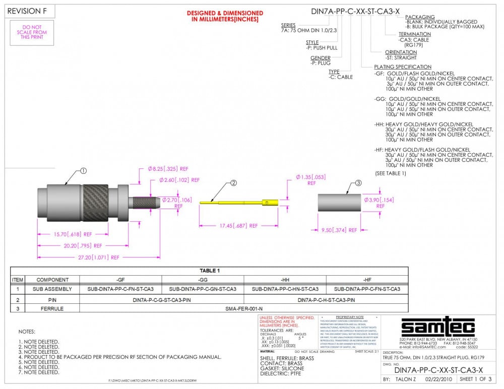 Samtec DIN7A technical drawing page 1