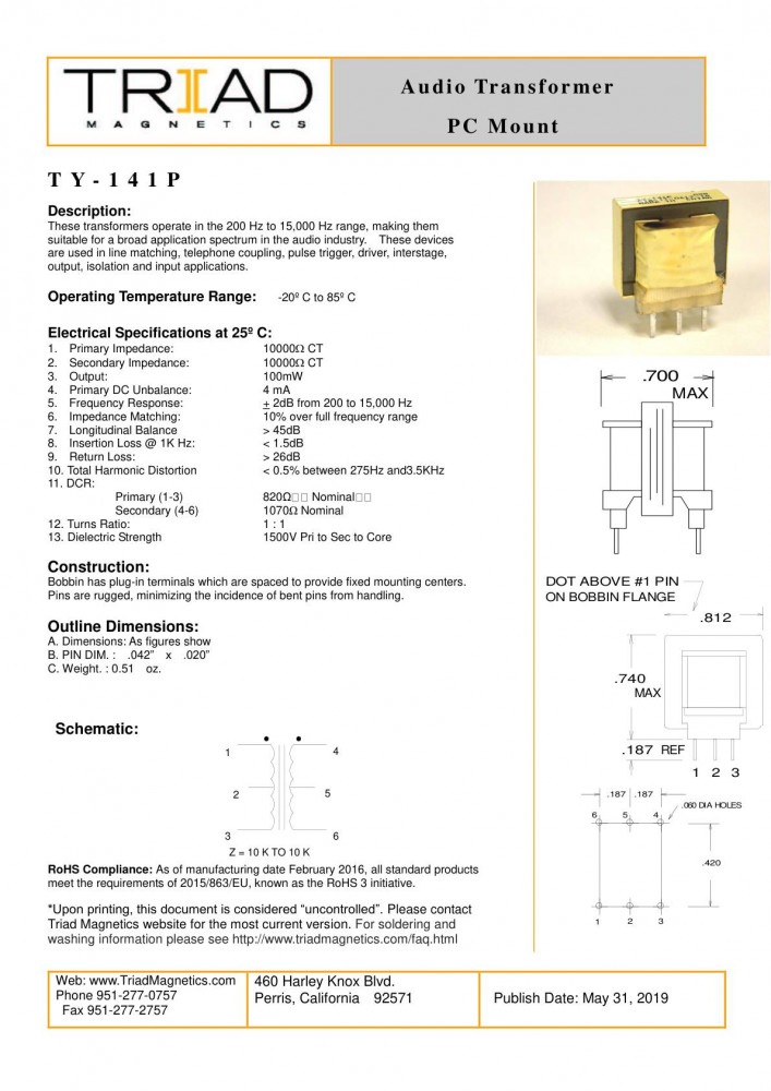 TY-141P audio transformer technical document and product drawing