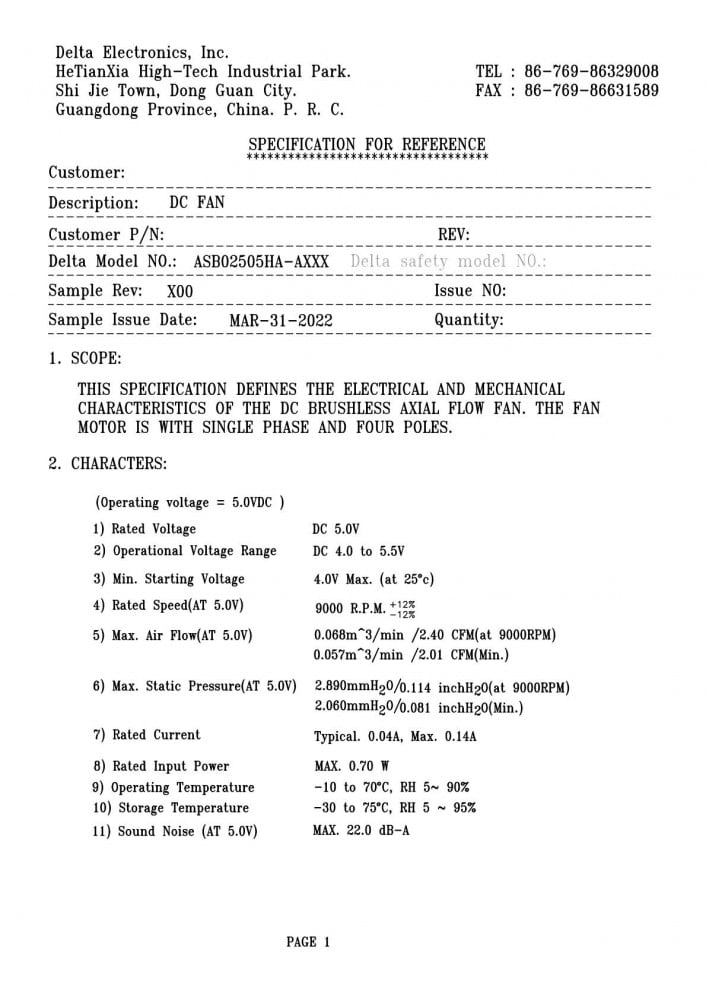 ASB02505HA-AX46 specification page 1