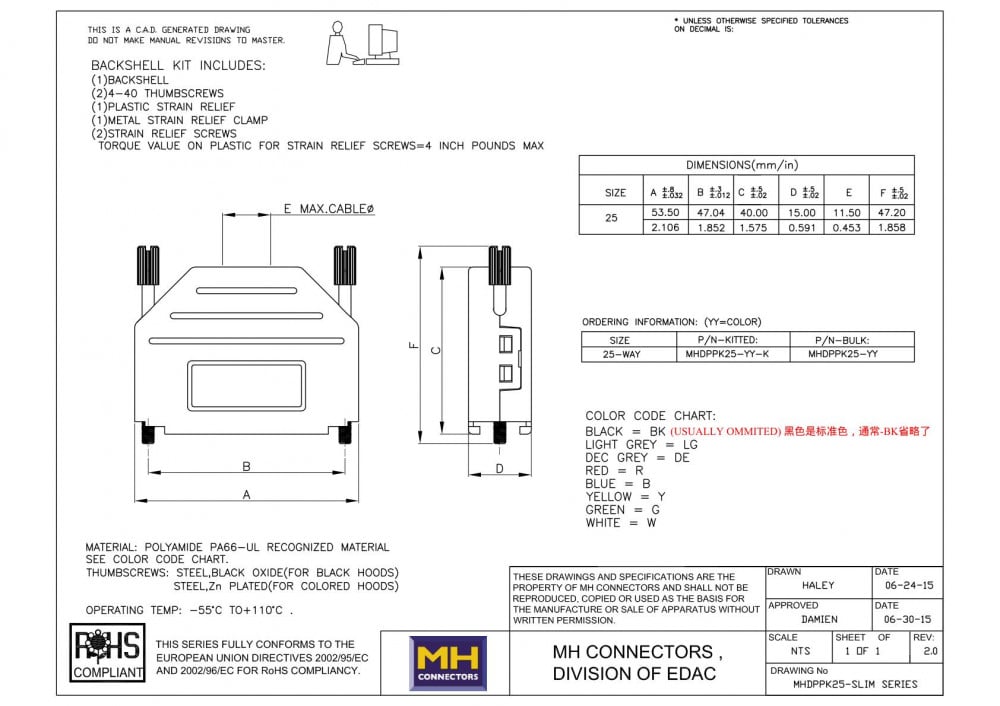 MH CONNECTORS MHDPPK25 Slim Series manufacturer drawing