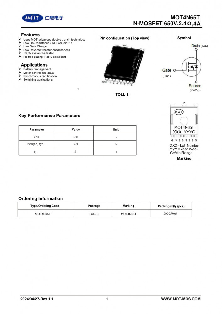 MOT4N65T datasheet page 1