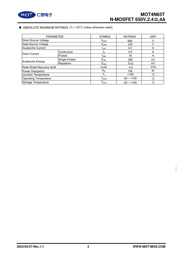 MOT4N65T datasheet page 2