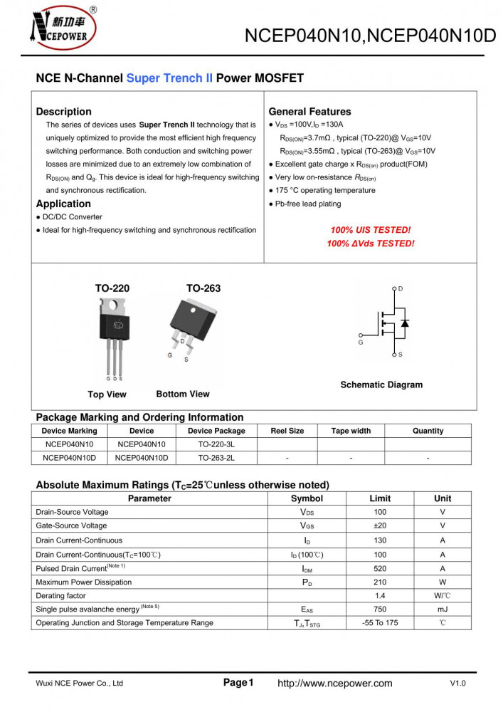 NCEP040N10D datasheet page 1