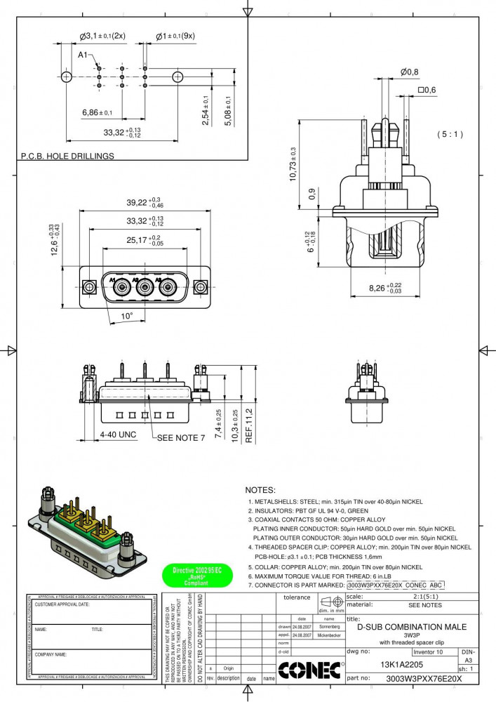 Conec 3003W3PXX76E20X PCB hole drilling and connector drawing