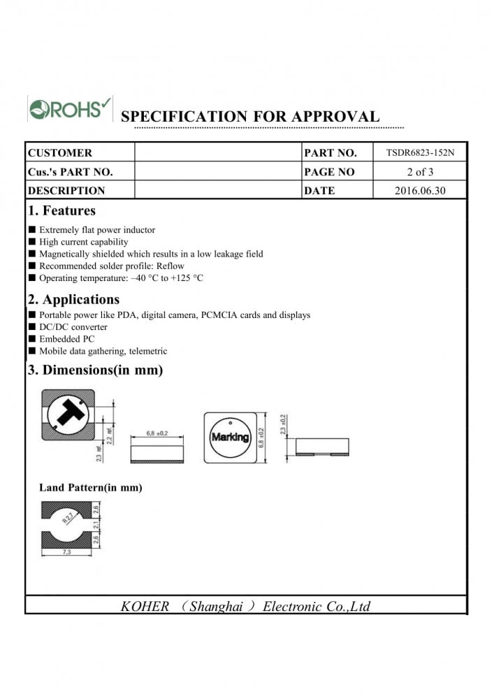 TSDR6823-152N specification page 2 electrical table