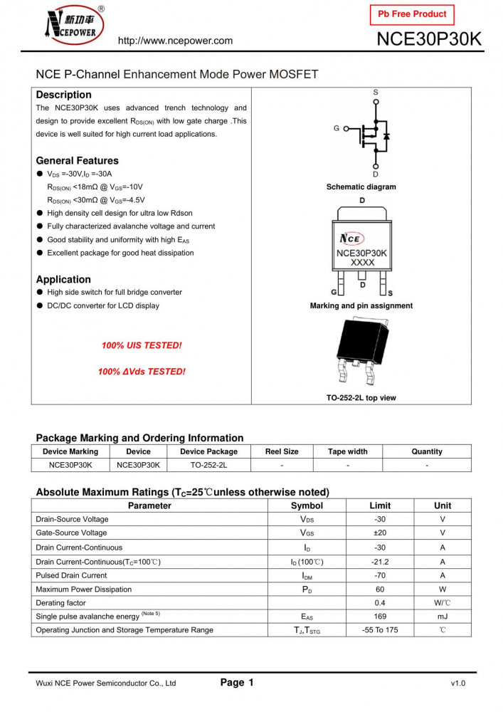 NCE30P30K datasheet page 1