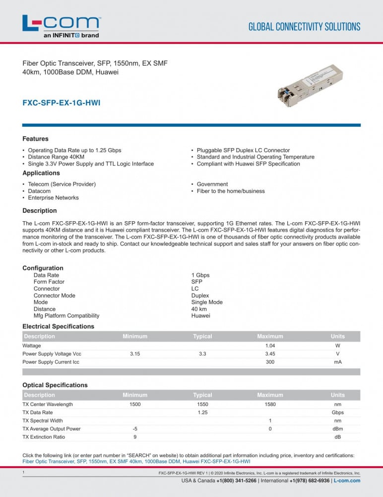 FXC-SFP-EX-1G-HWI datasheet page 1