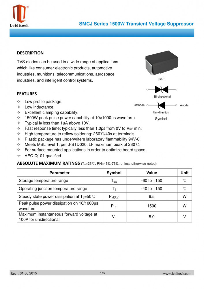 SMCJ series TVS diode datasheet page 1
