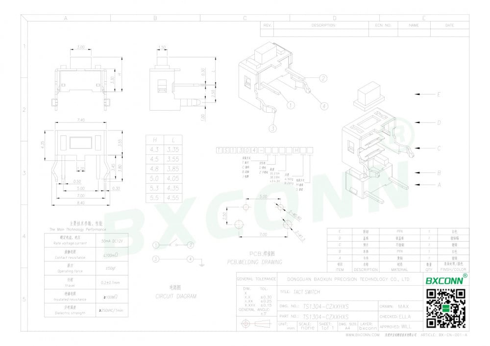 BXCONN TS1304-CZ43HBS technical drawing