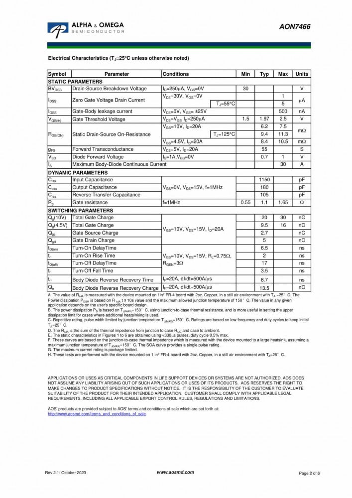 AON7466 datasheet page 2