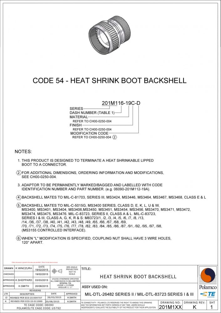 201M1XX heat shrink boot backshell drawing page 1