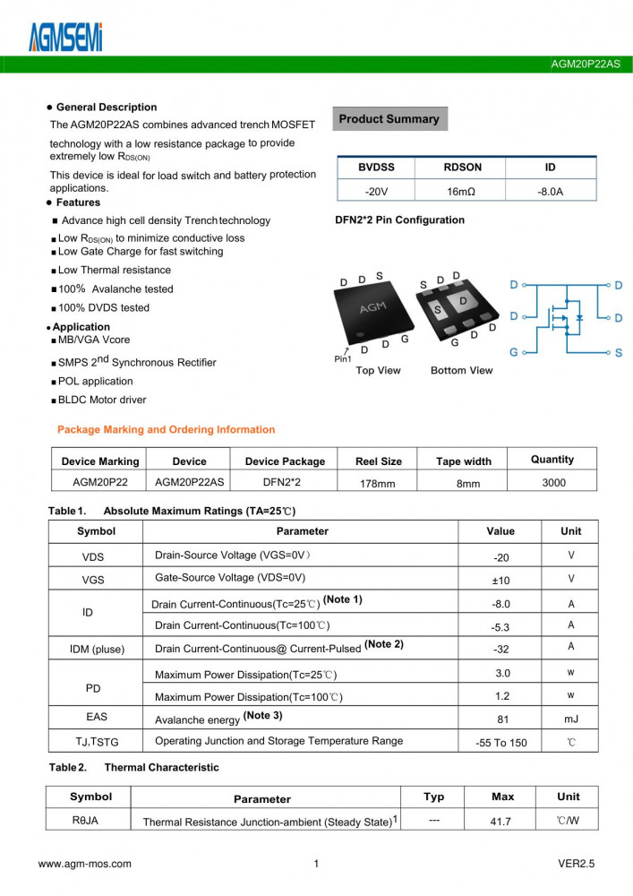 AGM20P22AS datasheet page 1