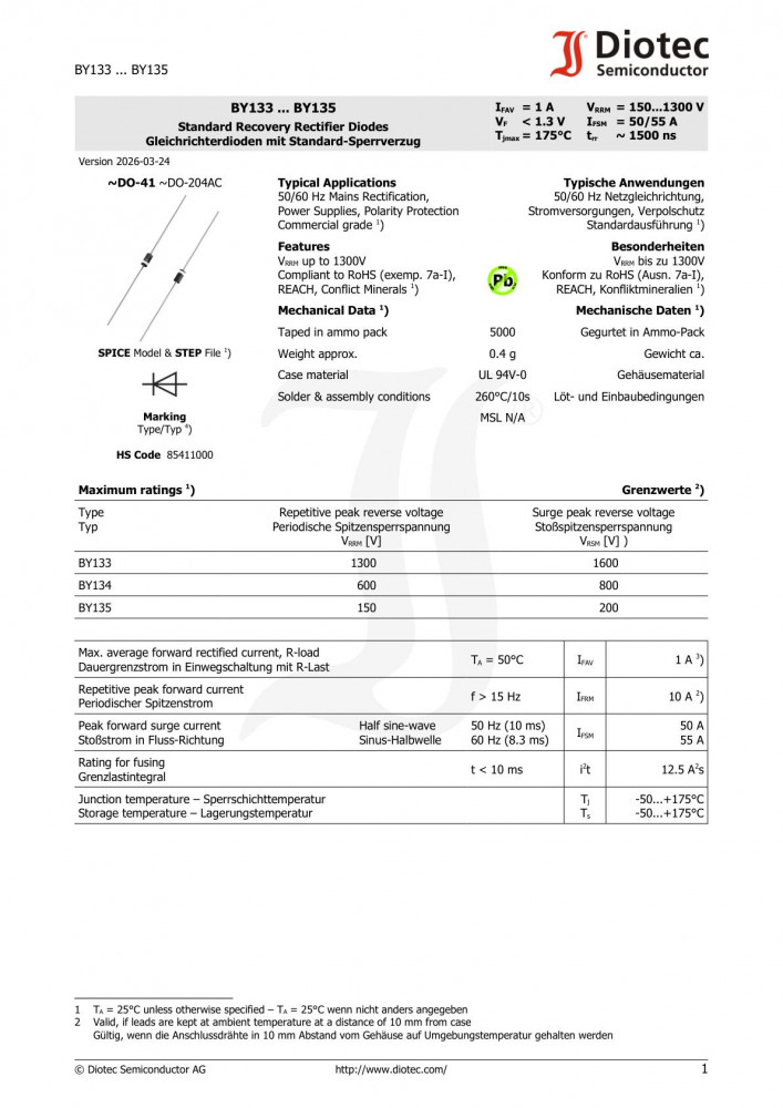 BY135 datasheet page image 1