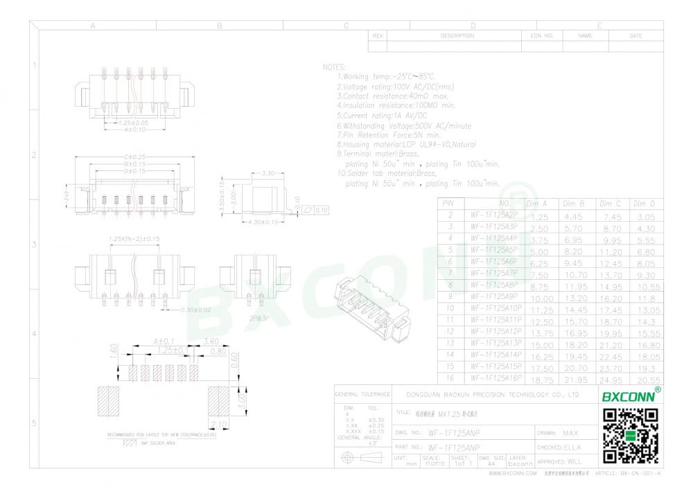 BXCONN WF-1F125A14P technical drawing page 1