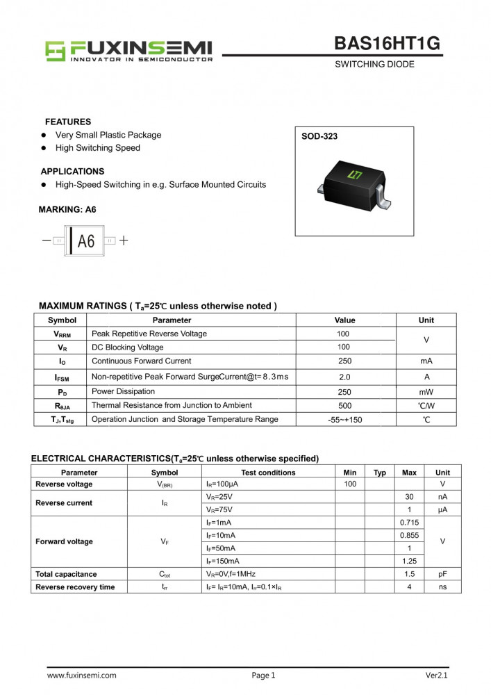 BAS16HT1G datasheet page 1