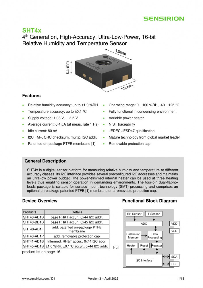 SHT4x technical document page 1