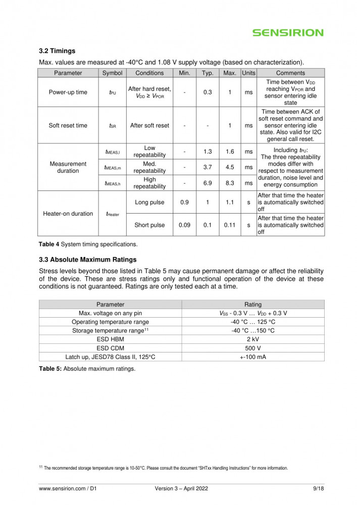 SHT4x technical document page 9