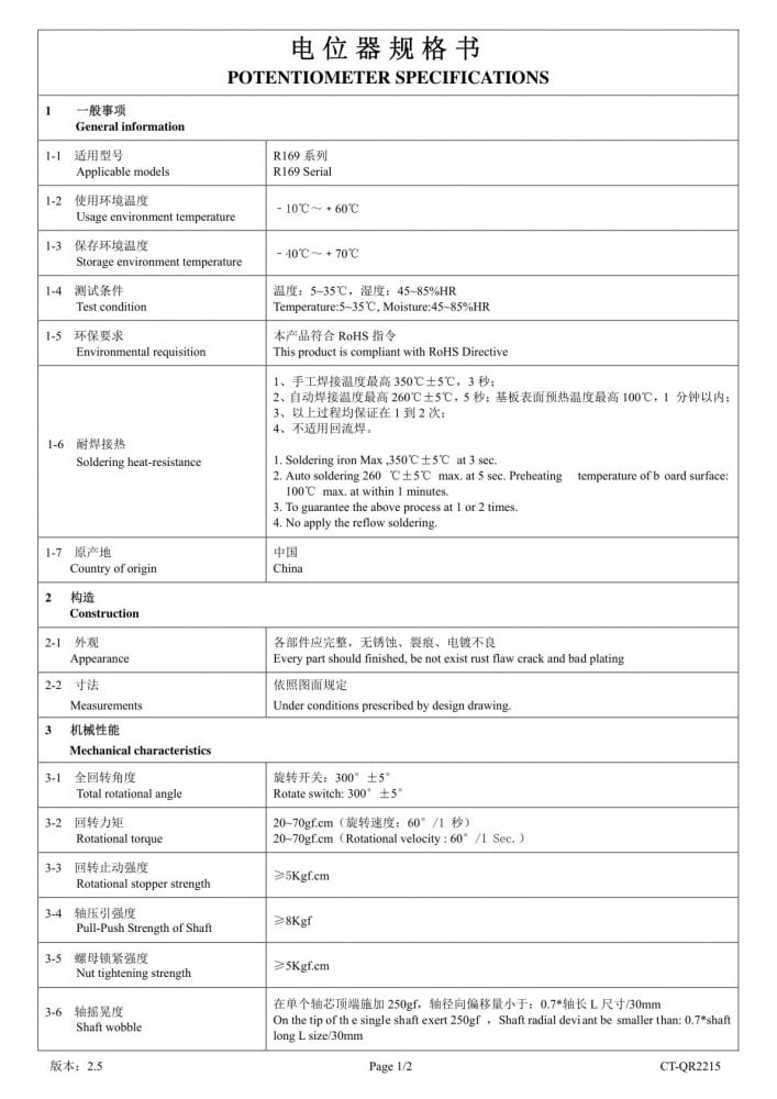 CTR R169 series potentiometer specification page 1