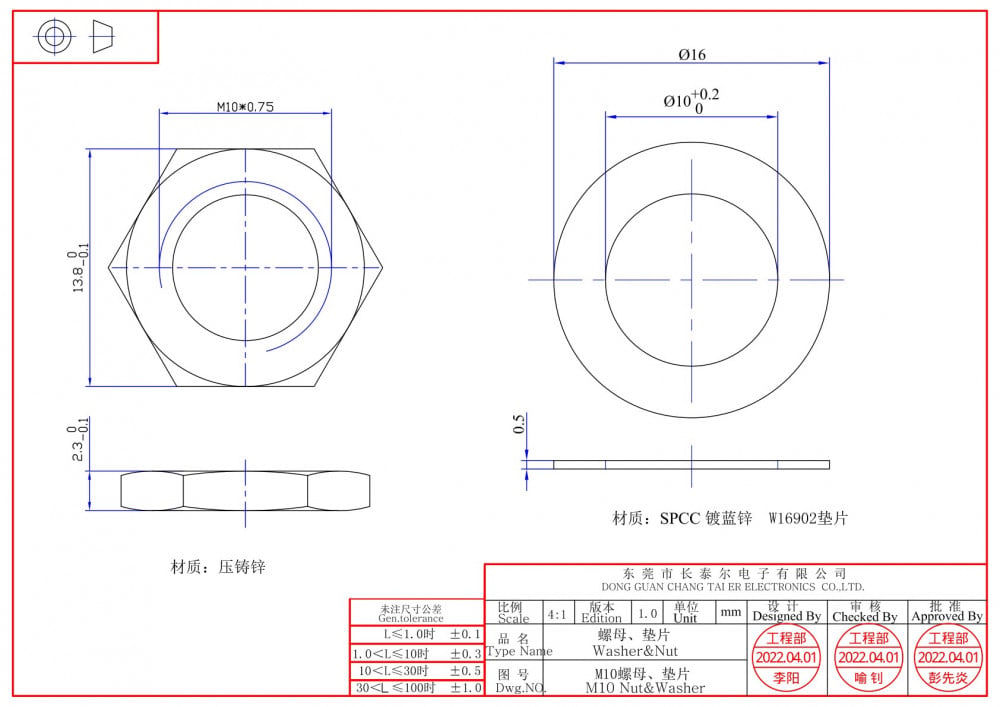 CTR R169 series nut and washer drawing
