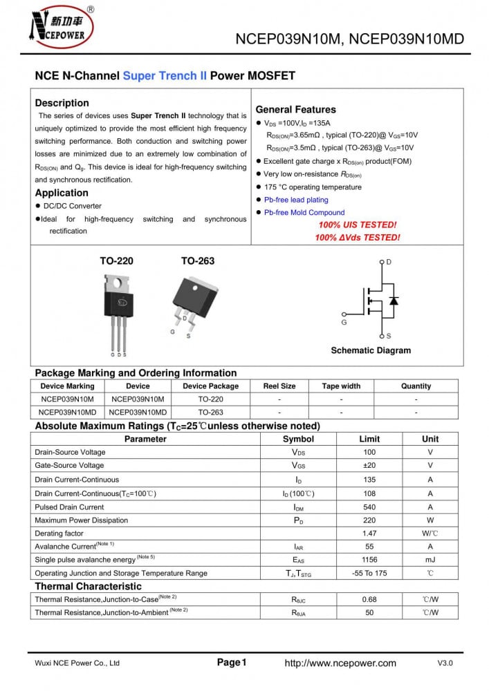 NCEP039N10M datasheet page 1