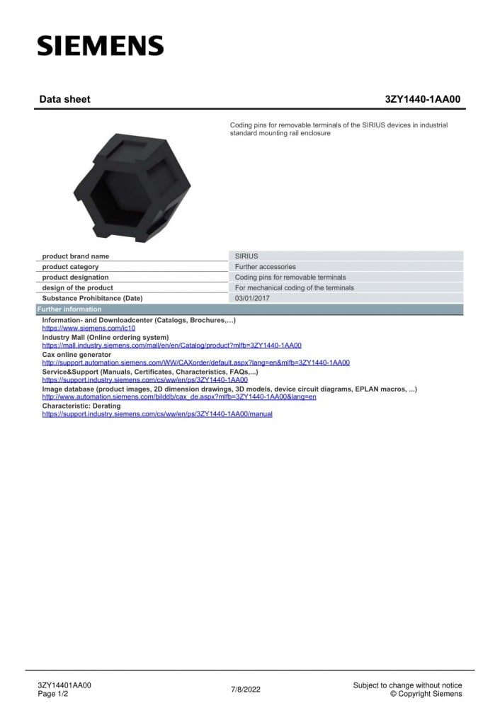 SIEMENS 3ZY14401AA00 datasheet page 1