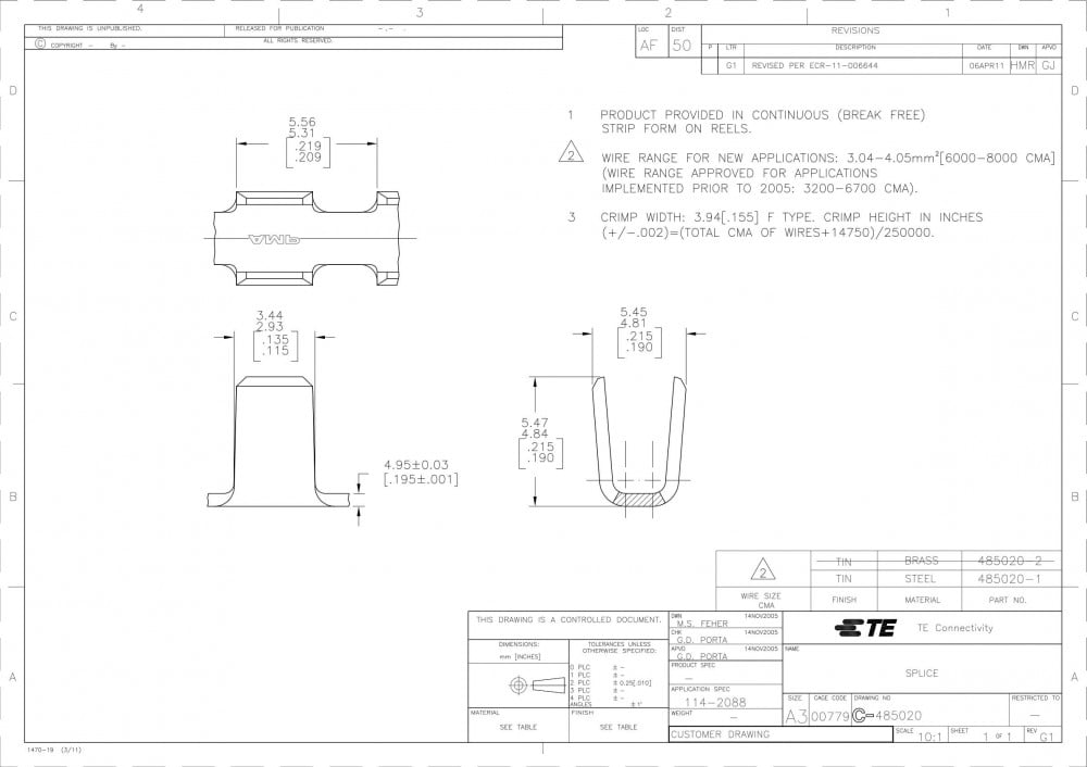 TE Connectivity 485020-1 technical drawing page