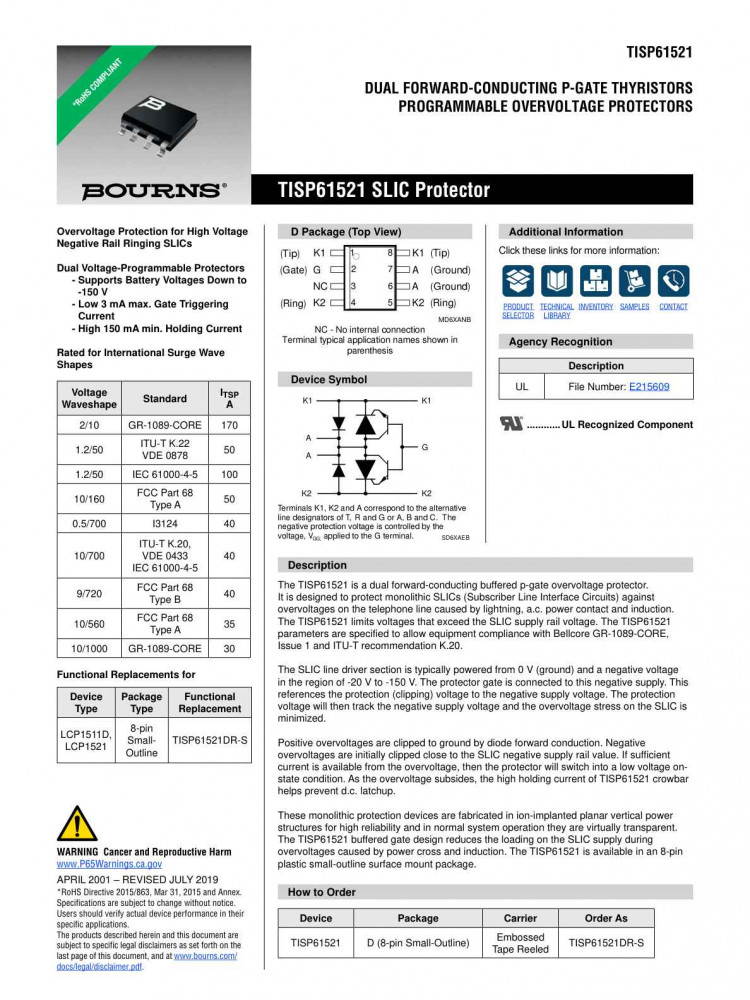 TISP61521DR-S datasheet page 1