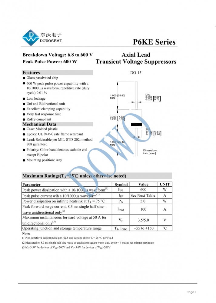 DOWO P6KE series datasheet page 1