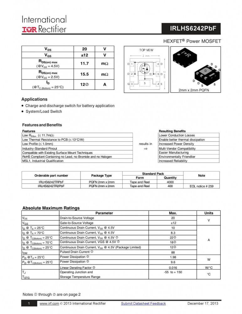 IRLHS6242TRPBF datasheet page 1
