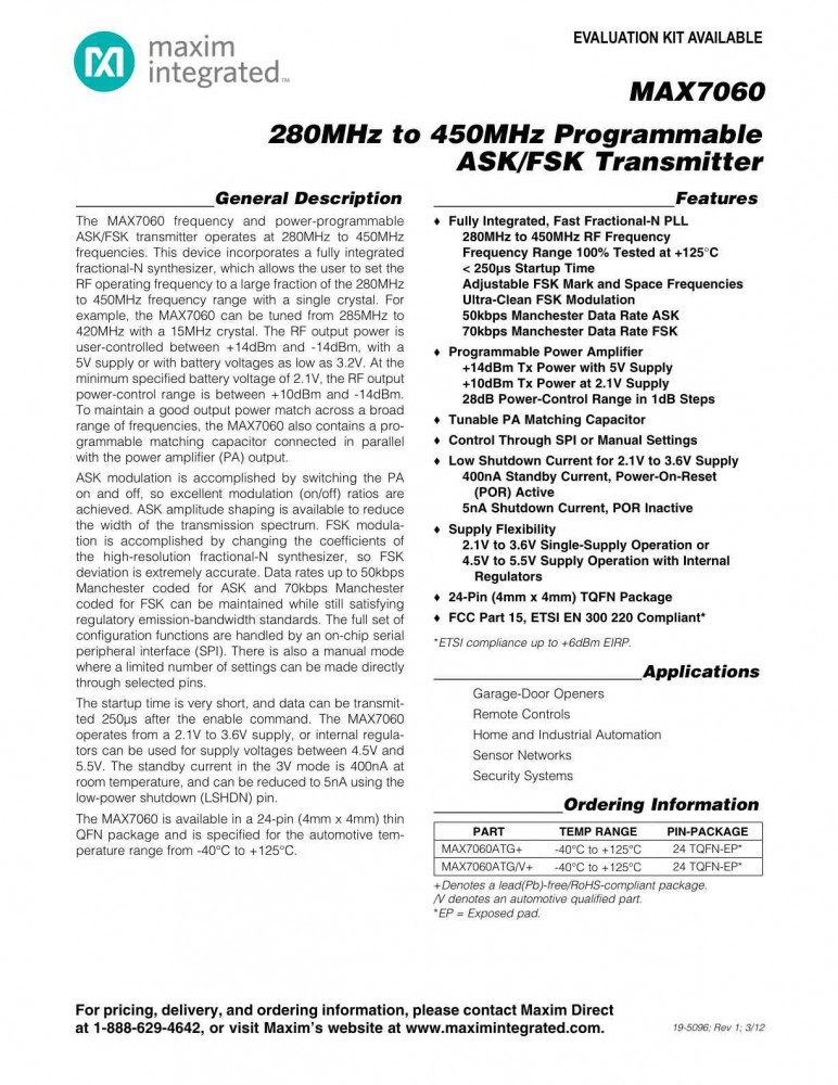 MAX7060 datasheet preview, page 1