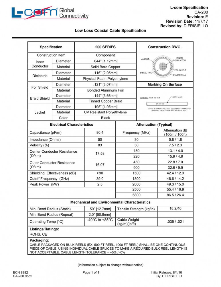CA-200-FOOT technical specification sheet