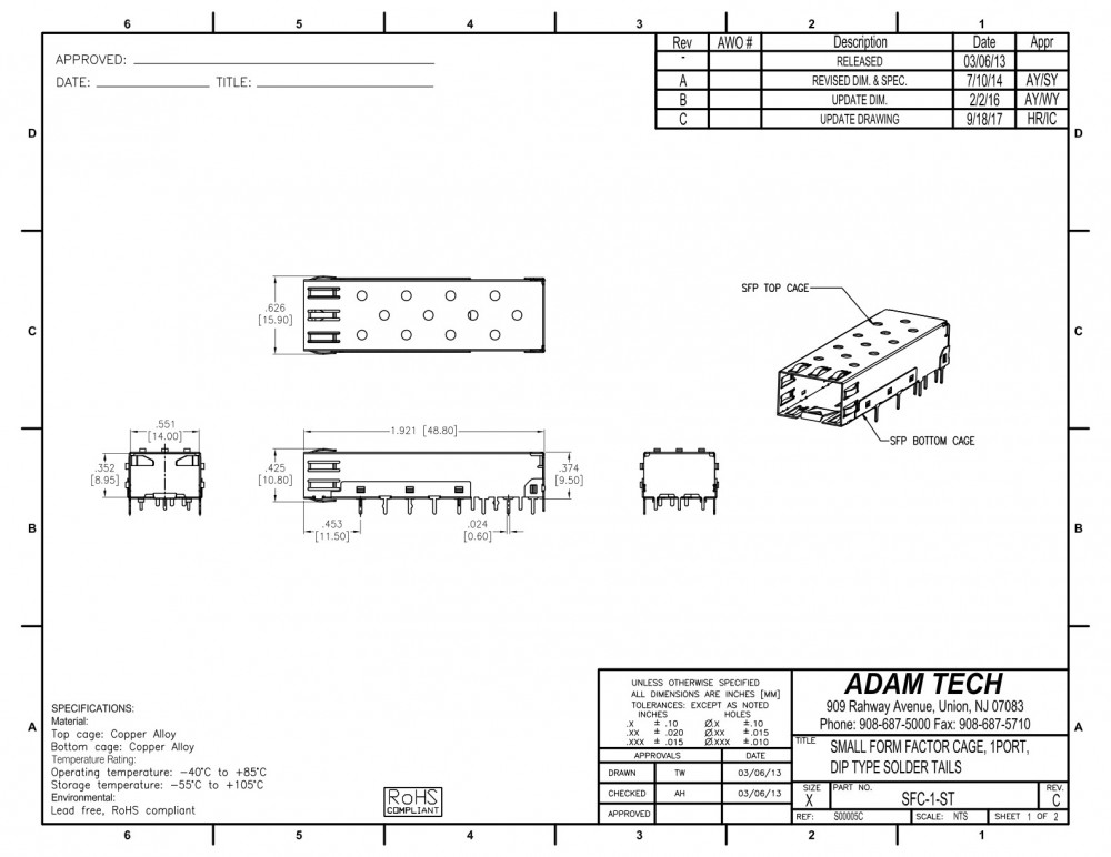 SFC-1-ST single-port cage drawing, page 1