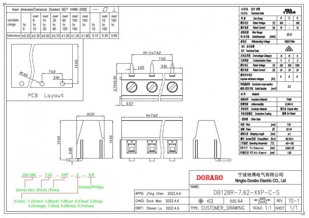 DORABO DB128R-7.62 terminal block technical drawing