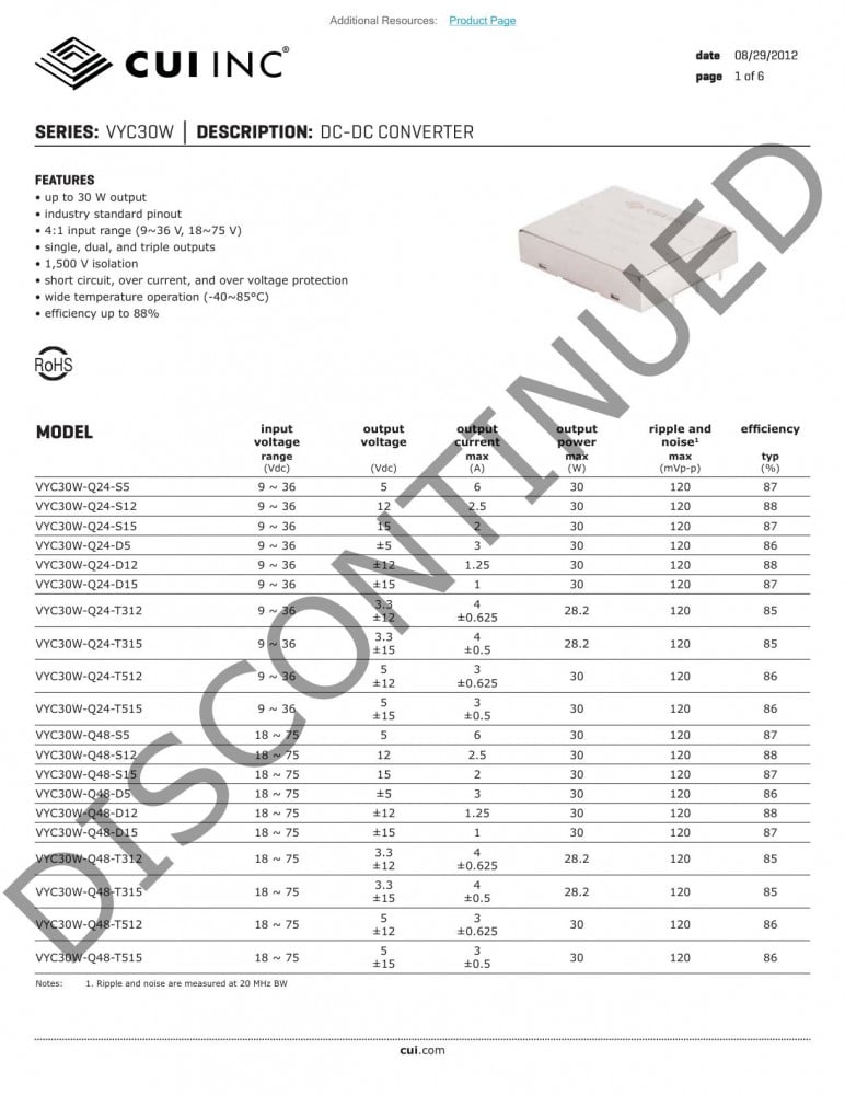 CUI VYC30W series datasheet page 1