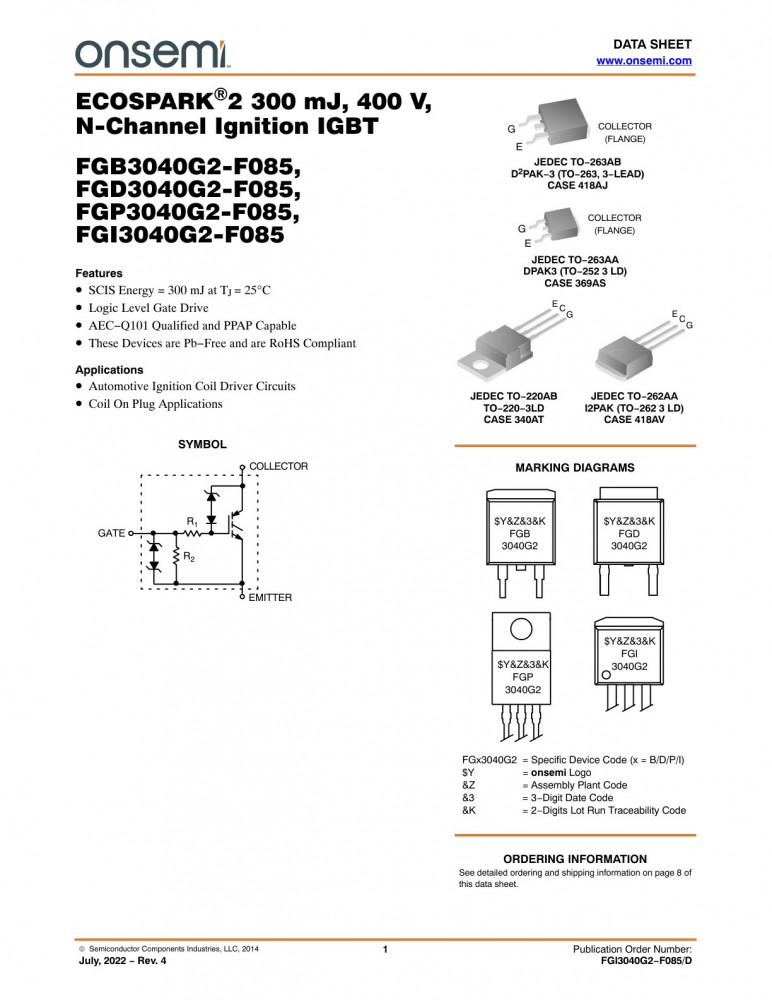 FGB3040G2-F085 datasheet page 1