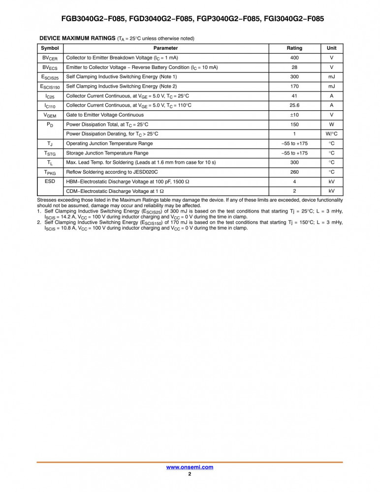 FGB3040G2-F085 datasheet page 2