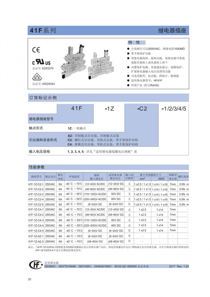 HONGFA 41F relay socket datasheet page 1