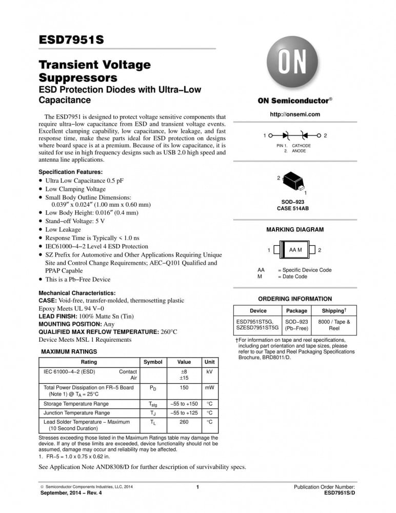 ESD7951ST5G datasheet page 1