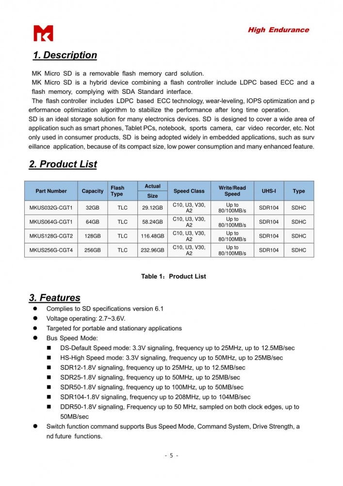 MK MicroSD datasheet page 5