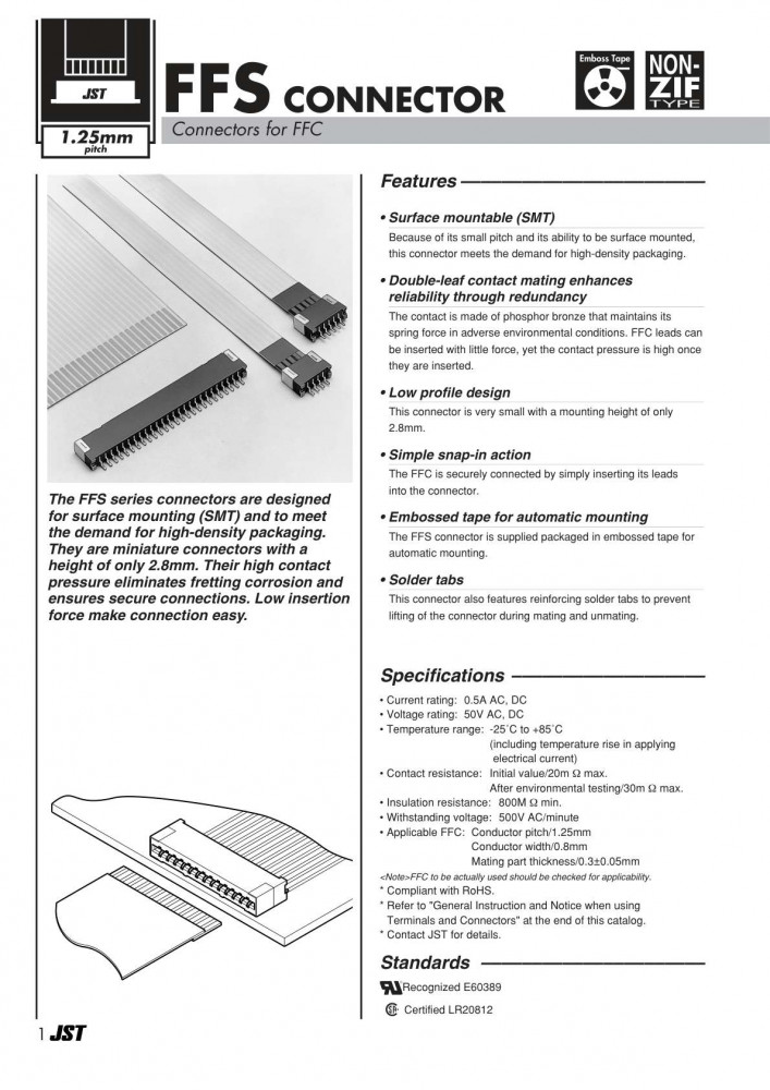 JST FFS series connector technical document page 1
