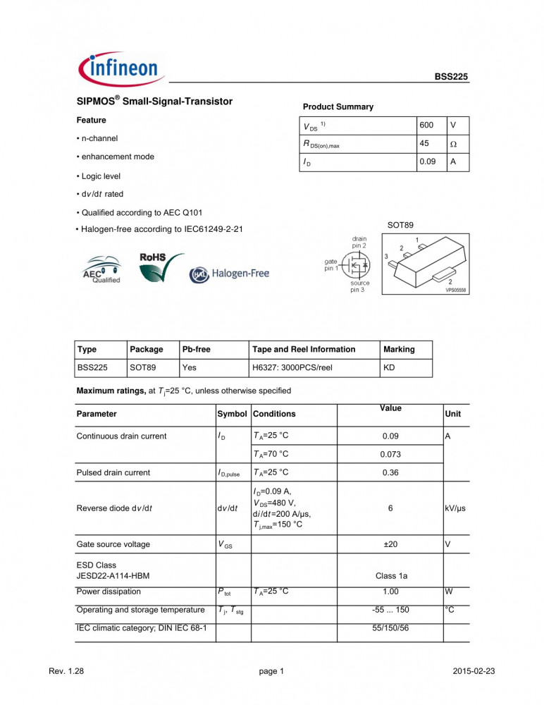 BSS225H6327 technical document page 1