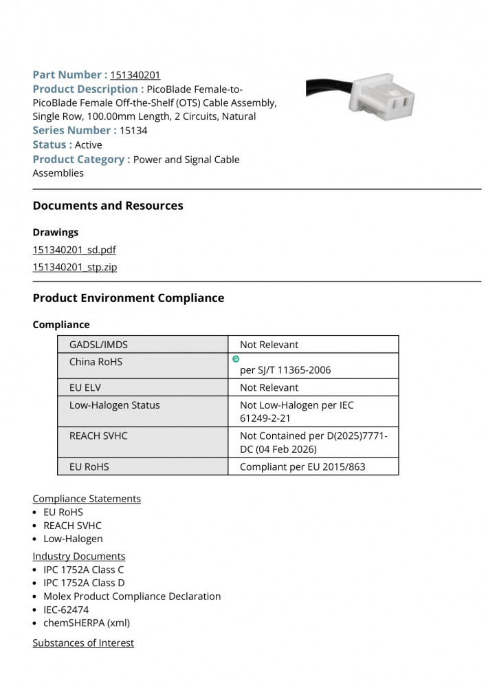 MOLEX 151340201 technical document image, page 1